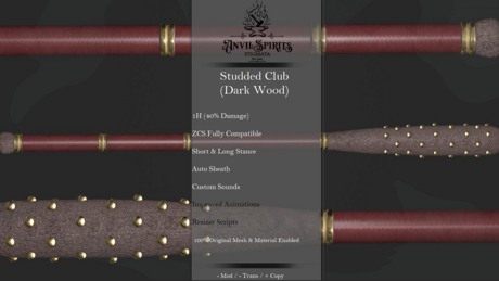 Second Life Marketplace - [S] :A&S: - Studded Club (Dark Wood) - [Add Me]